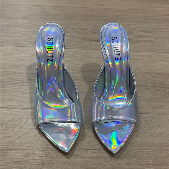 SCHUTZ | Shoes | Schutz Iridescent Silver Heels | Poshmark